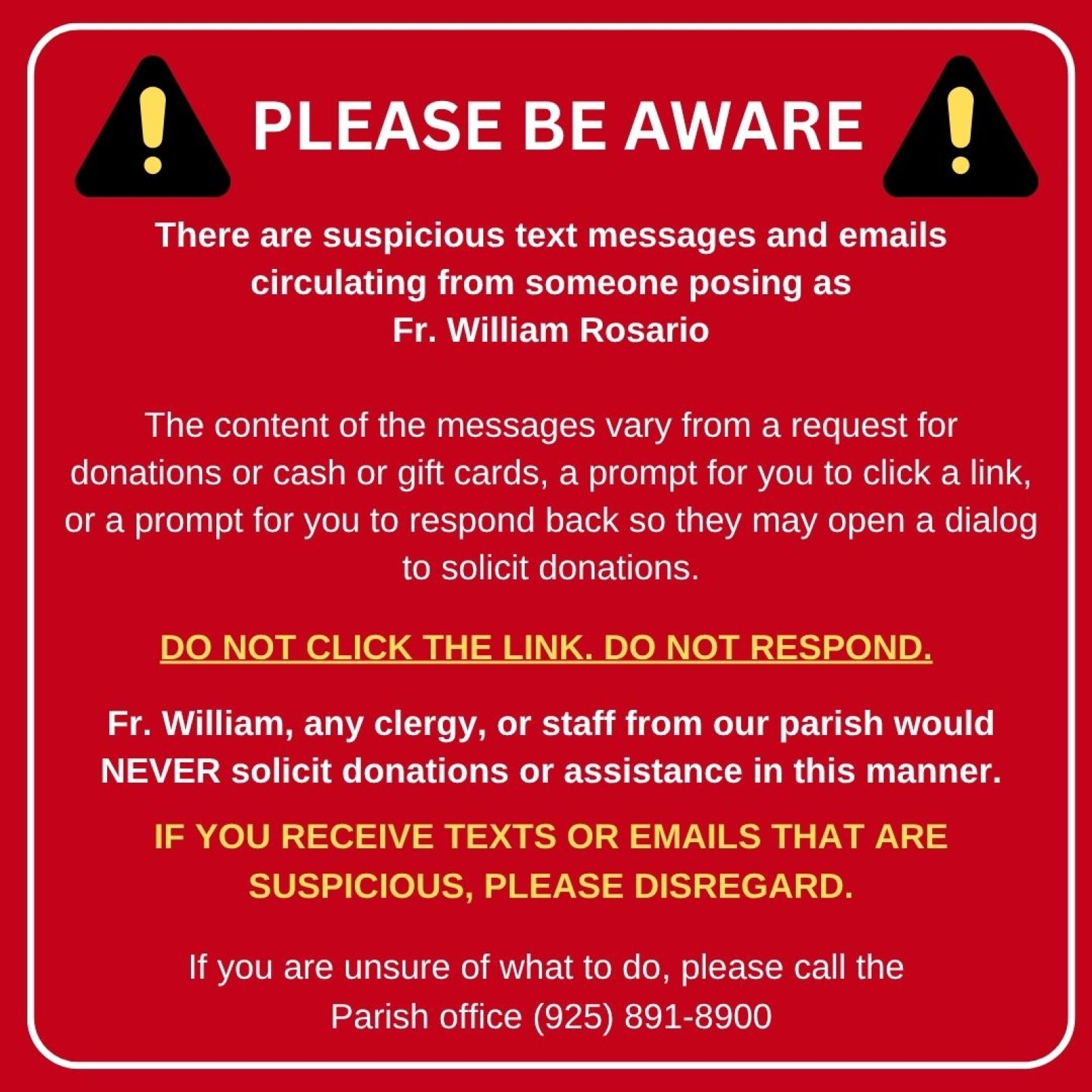 Alert - Suspicious Texts and Emails Circulating